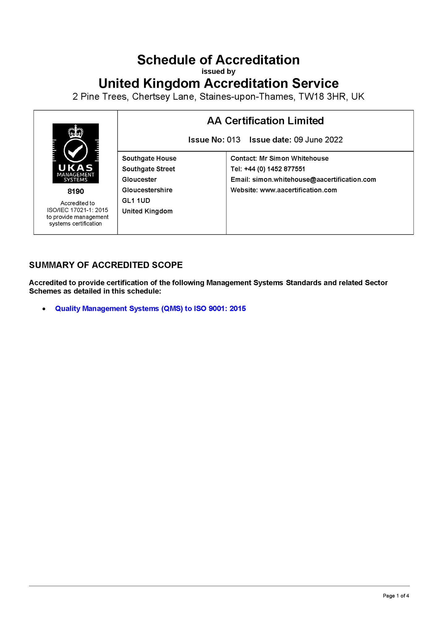 AA Certification Limited - UKAS Accreditation 8190
