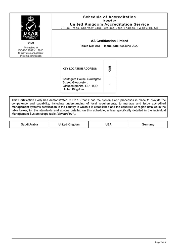 AA Certification Limited - UKAS Accreditation 8190