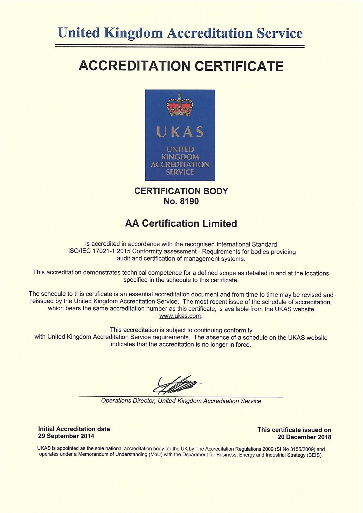 AA Certification Limited - UKAS Certification - AA Certification